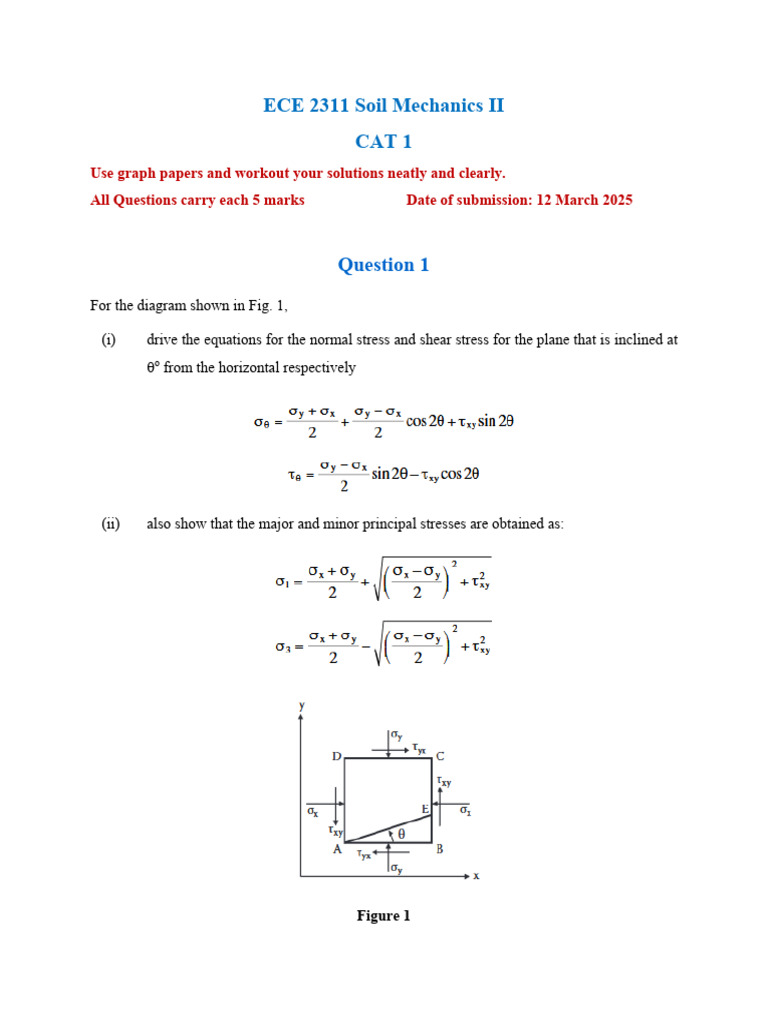 CAT 1 ECE 2311 Soil Mechanics II | PDF | Stress (Mechanics) | Geometry