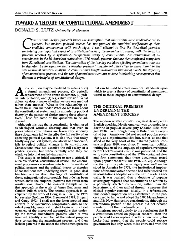 LUTZ, Donald S. Toward A Theory of Constitutional Amendment | PDF ...