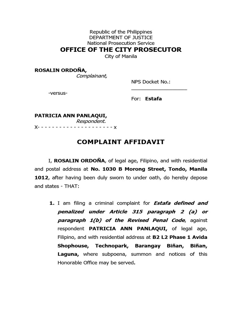 Complaint Affidavit ROSALIN ORDONA VS PANLAQUI ESTAFA | PDF | Fraud | Common Law