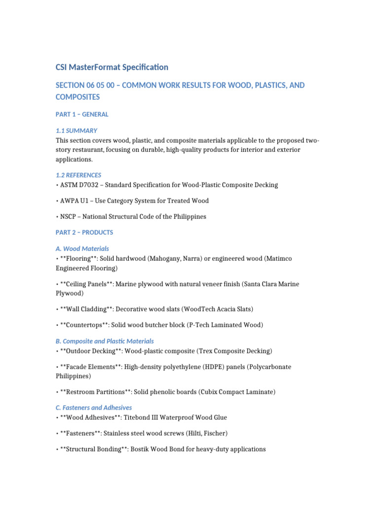 CSI MasterFormat 06 05 00 Restaurant Specific Products | PDF | Flooring | Wood