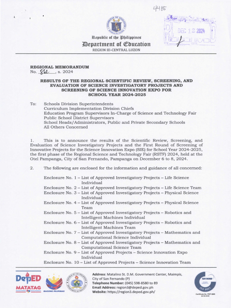 RM No. 862 S.2024 Results of The Regional Scientific Review Screening ...