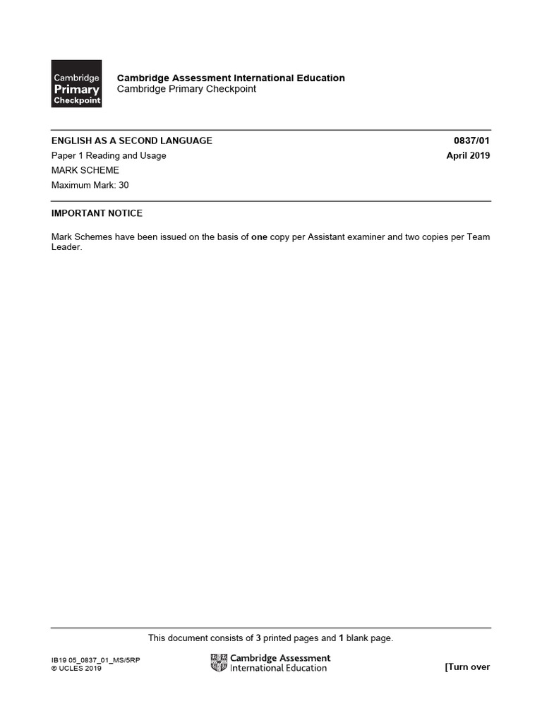Cambridge Primary Checkpoint - English As A Second Language (0837 ...