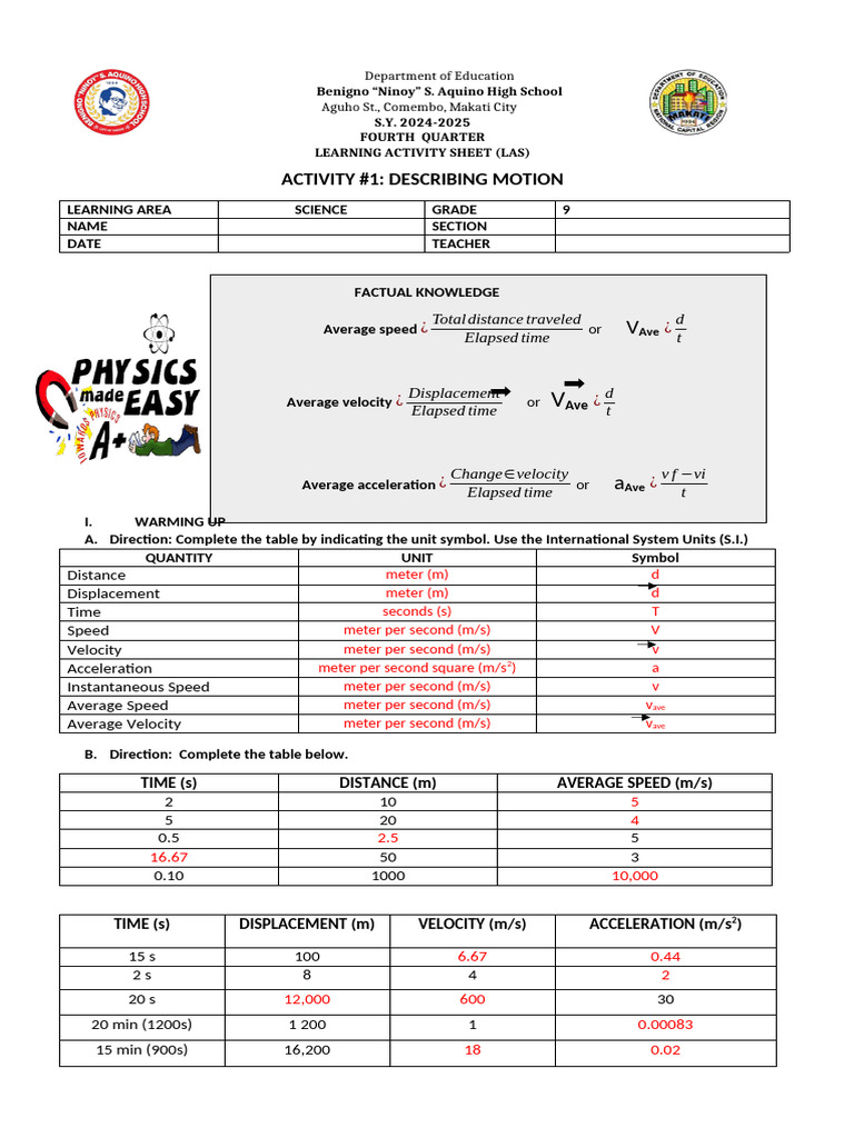 Q4_LAS1_ANSWER KEY | PDF | Acceleration | Speed
