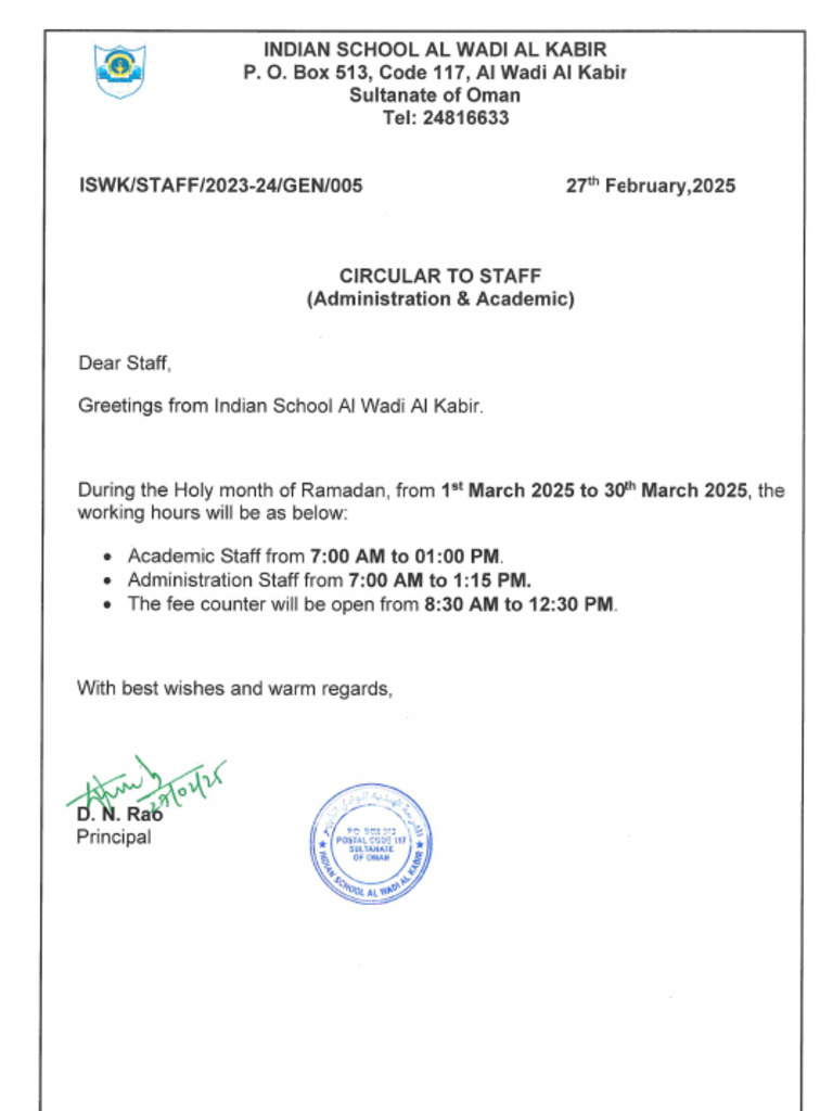 Circular To Staff - Ramadan Timings - March 2025 | PDF