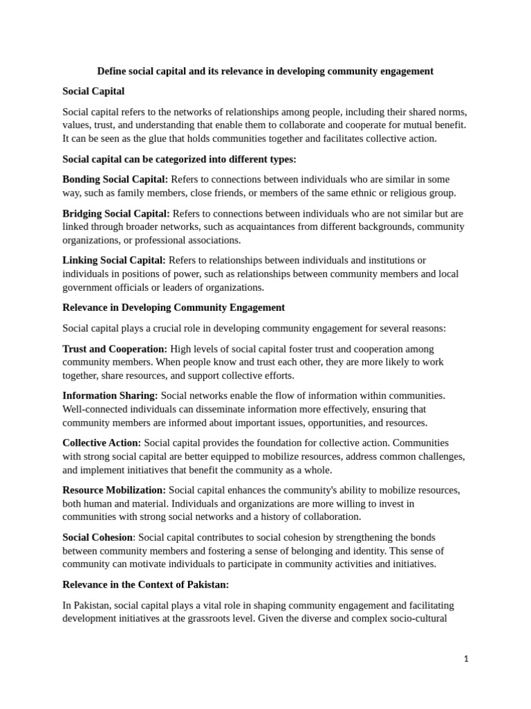 Define Social Capital and Its Relevance in Developing Community Engagement | PDF | Social ...