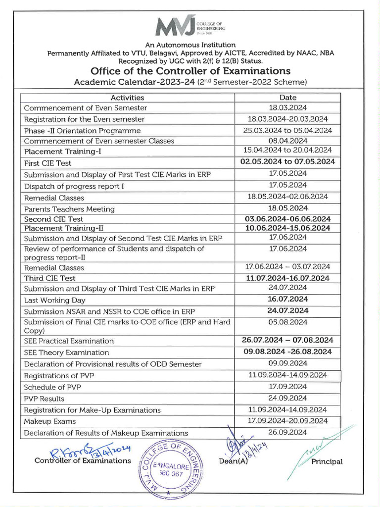 Academic Calendar B.E. 2nd Semester2022 Scheme 2023 24 Even Sem | PDF