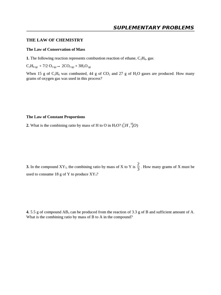 Chapter 1 Supplementary Problems | PDF | Mole (Unit) | Chemical Compounds