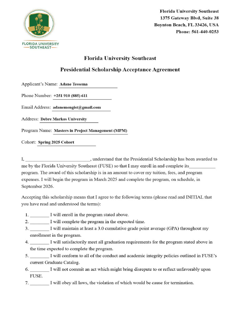 Scholarship Acceptance Agreement | PDF
