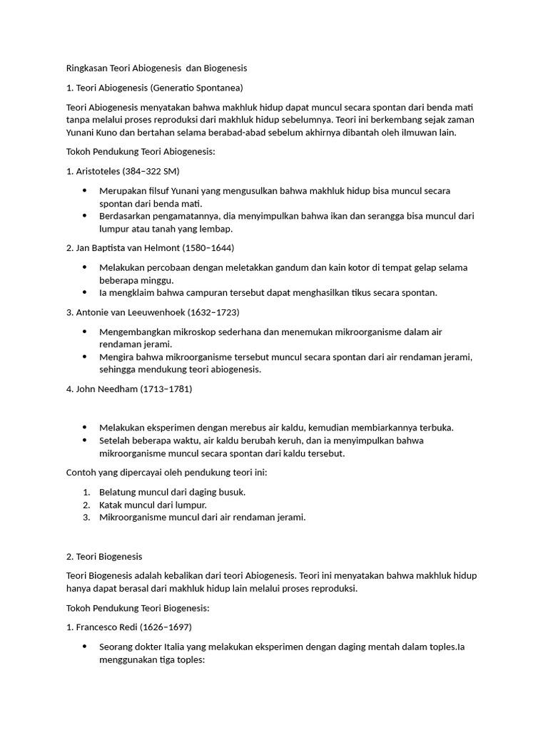 Ringkasan Teori Abiogenesis Dan Biogenesis | PDF