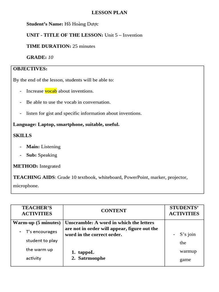 Lesson Plan: Inventions for Grade 10 | PDF | Human Communication | Learning