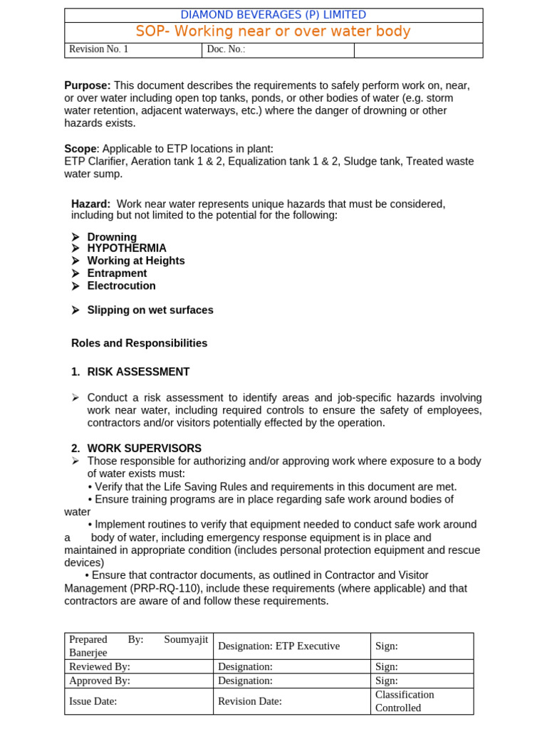 SOP For Working Near or Over Water Body | PDF | Occupational Safety And ...