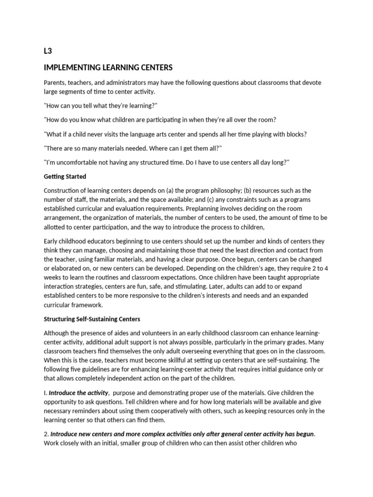 L3 Implementing Learning Centers | PDF | Teachers | Learning