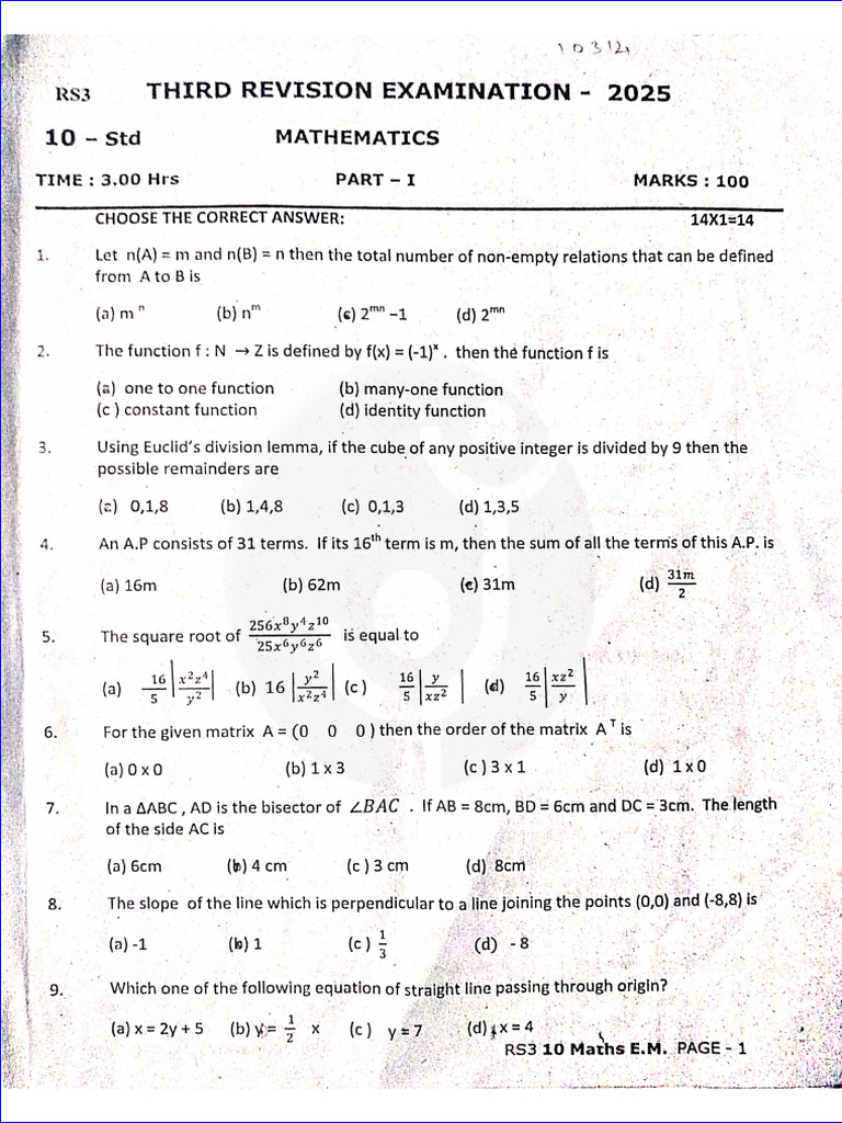 10th Maths EM 3rd Revision Exam Question Paper Theni District English Medium PDF Download | PDF
