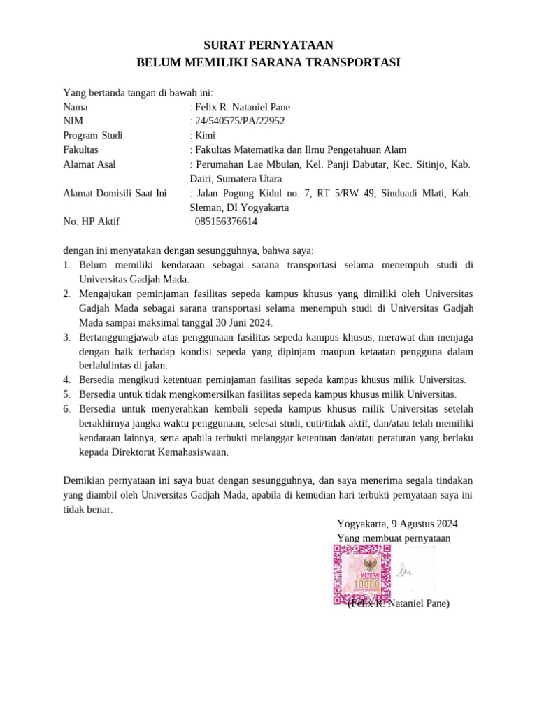 Surat Pernyataan Peminjaman Sepeda UGM | PDF