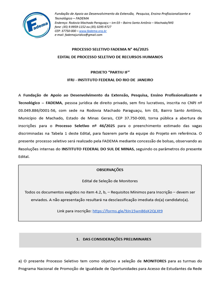 Processo Seletivo FADEMA 2025: Monitores | PDF | Pós-graduação ...