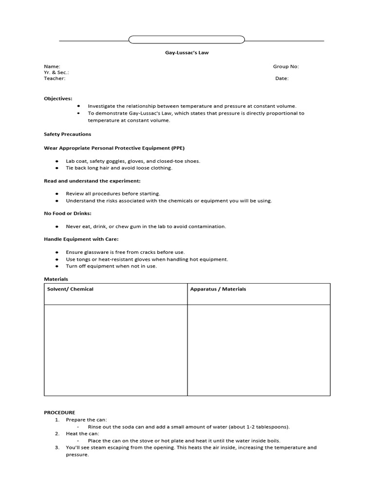 Gay Lussac Activity Sheet | PDF | Temperature | Water