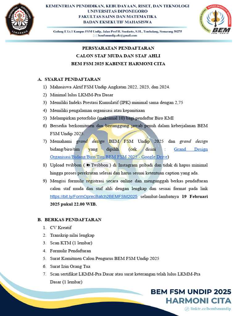 Panduan Pendaftaran Staf Ahli - Muda BEM FSM 2025 | PDF