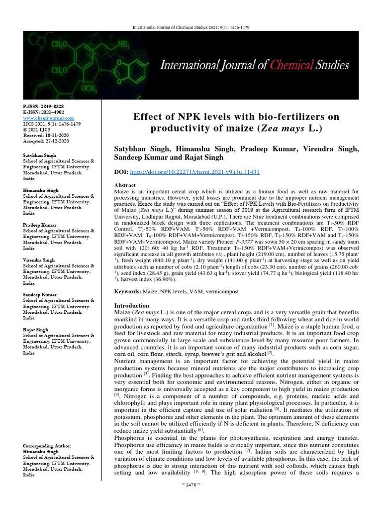 Effect of NPK Levels With Bio Fertilizer | PDF | Cereals | Maize
