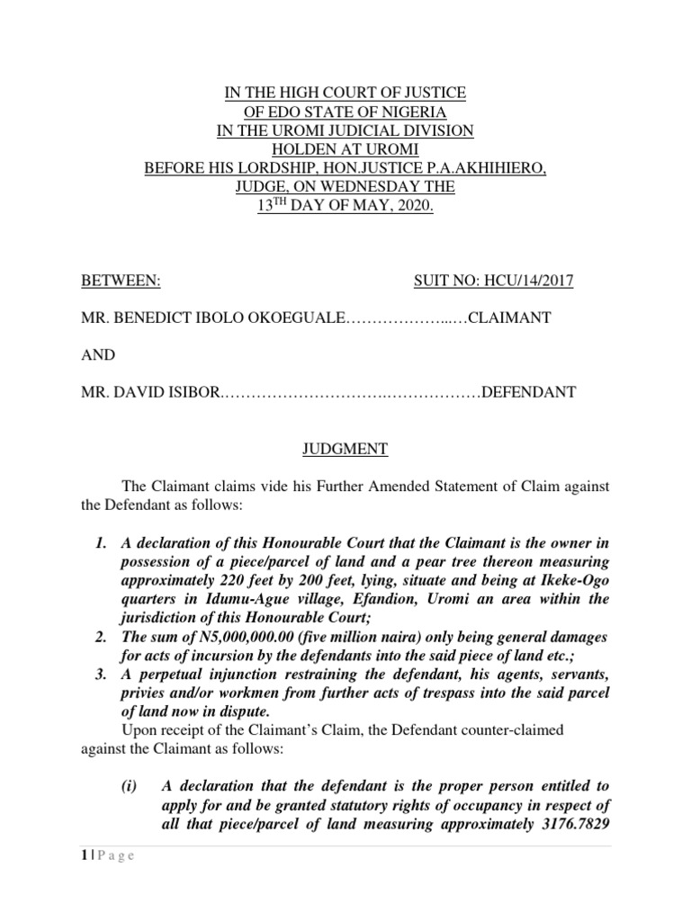 Benedict Okoeguale Vs Isibor 1 | PDF | Burden Of Proof (Law) | Lawsuit