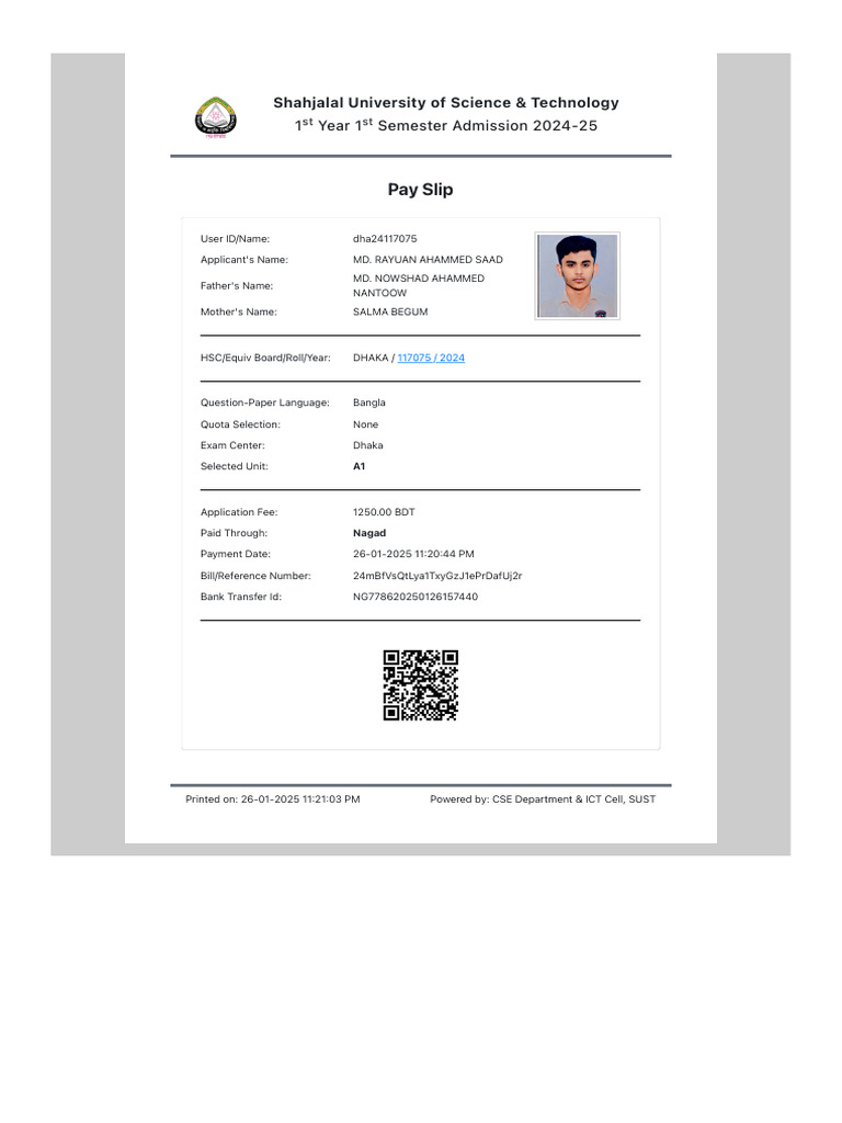 SUST Admission Fee and Details 2024-25 | PDF