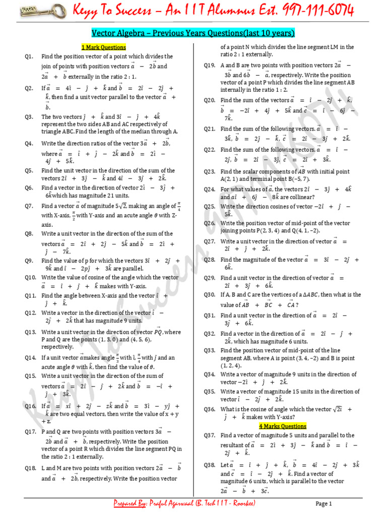 Vector Algebra PYQs for Class 12 | PDF | Euclidean Vector | Area