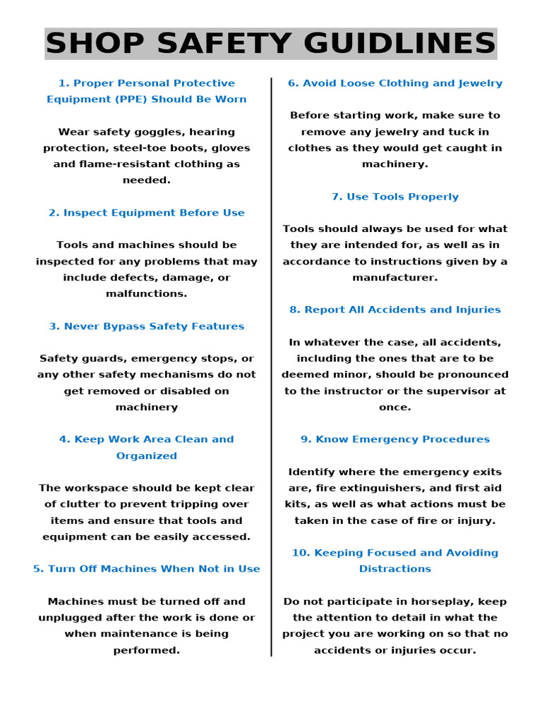 Essential Shop Safety Guidelines | PDF