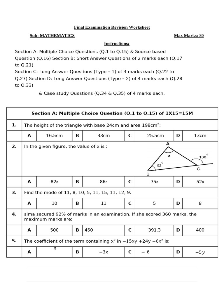 Math Revision Paper 7th | PDF | Area | Elementary Mathematics