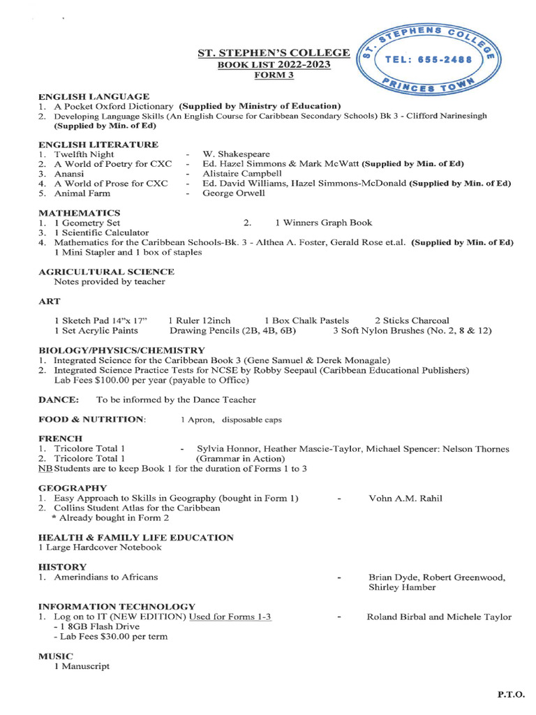 Form 3 Booklist | PDF