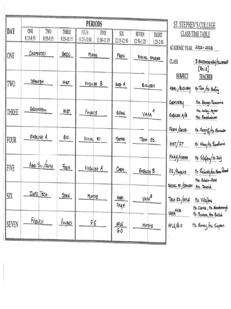 Form 3 Class Timetable | PDF