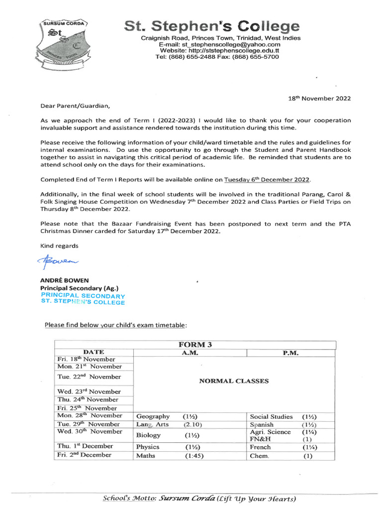 Forms 3 - Term I (2022-2023) Examination Timetable | PDF