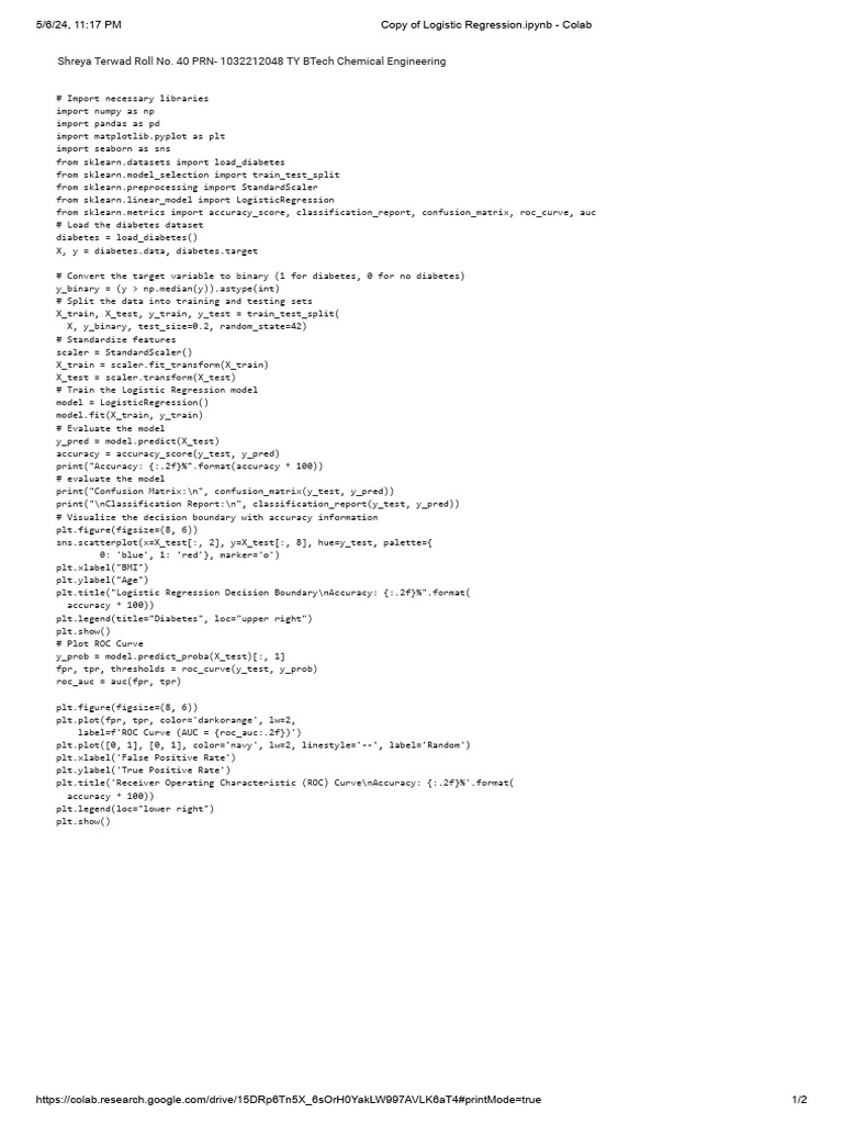 Logistic Regression.ipynb - Colab | PDF | Receiver Operating Characteristic | Applied Statistics