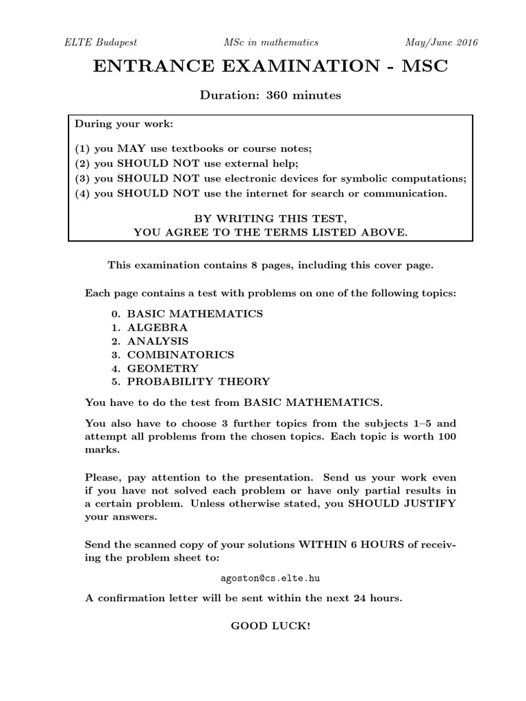 entrance_exam2016_MSc | PDF | Mathematics | Combinatorics