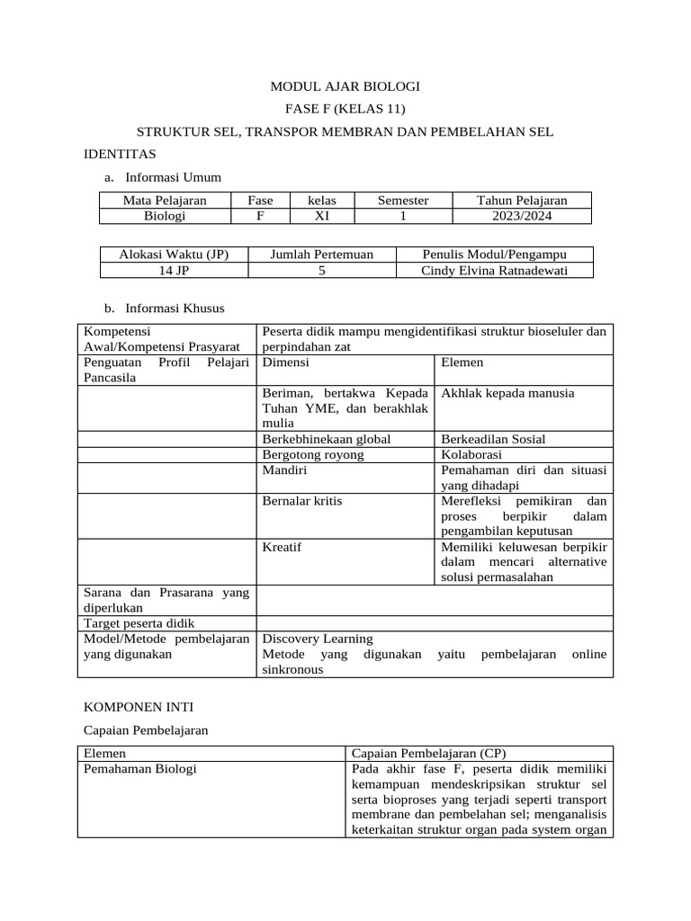 MODUL AJAR BIOLOGI SEL XI | PDF