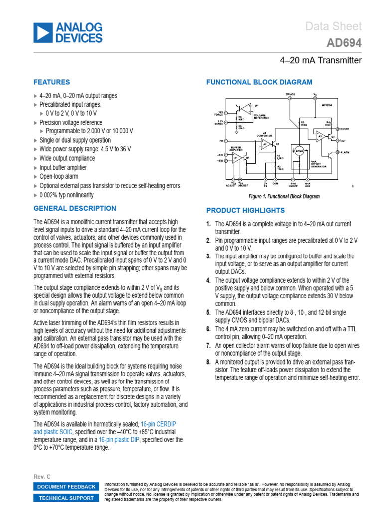 AD694 4-20 mA Transmitter Data Sheet | PDF | Amplifier | Bipolar ...