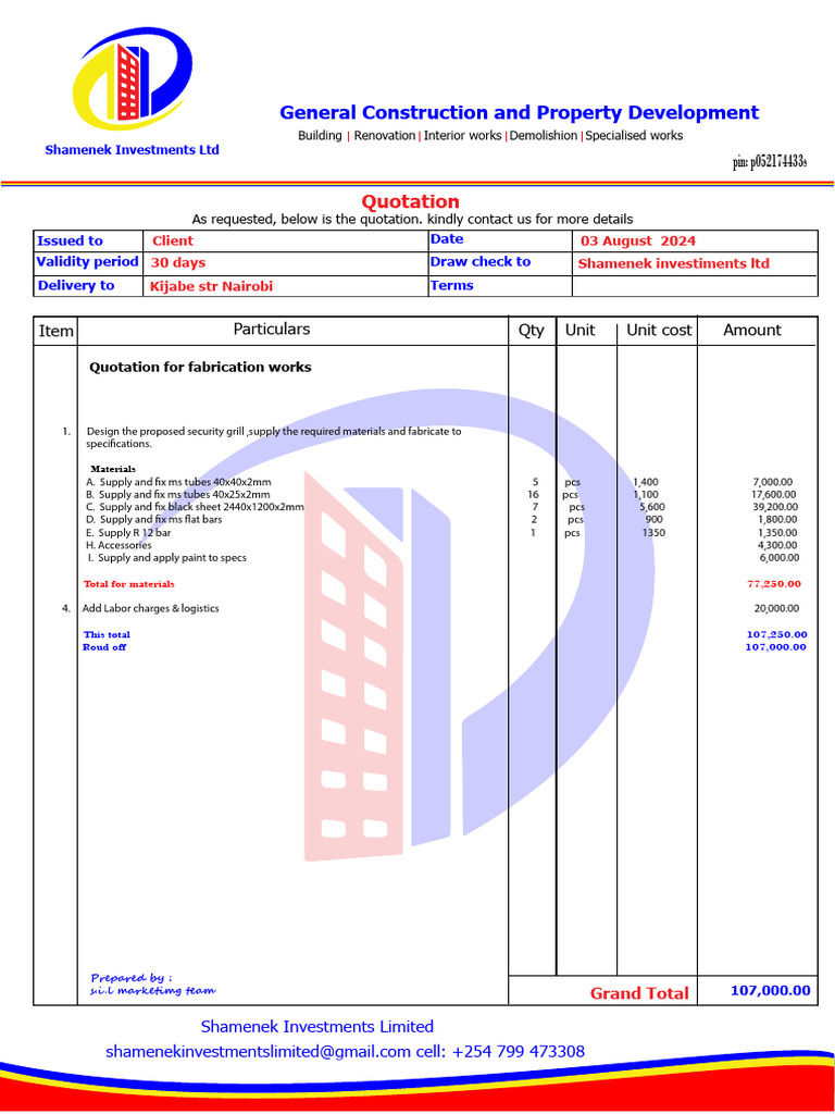 Kijabe STRT Grill Quotation | PDF
