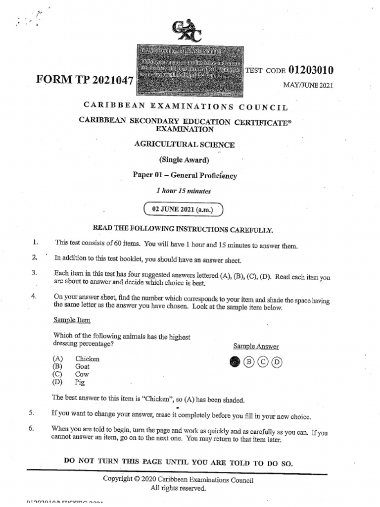 CSEC Agricultural Science SA June 2021 P1 | PDF
