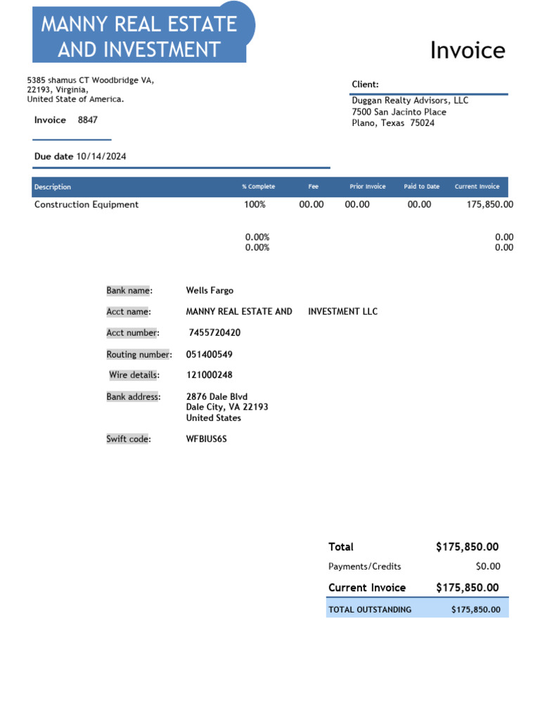 Manny Real Estate and Investment Invoice | PDF