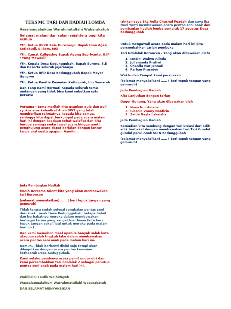 Teks MC Tari Dan Hadiah Lomba | PDF