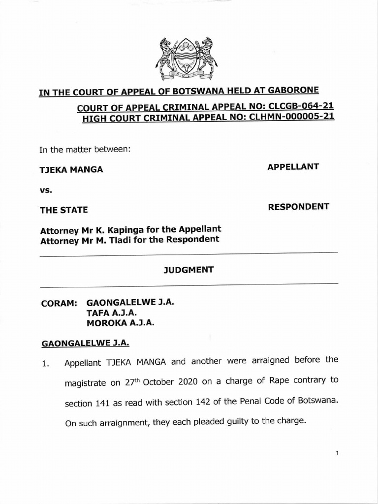 CLCGB-064-21 TJEKA MANGA V. THE STATE - 0001 - Criminal Capacity | PDF