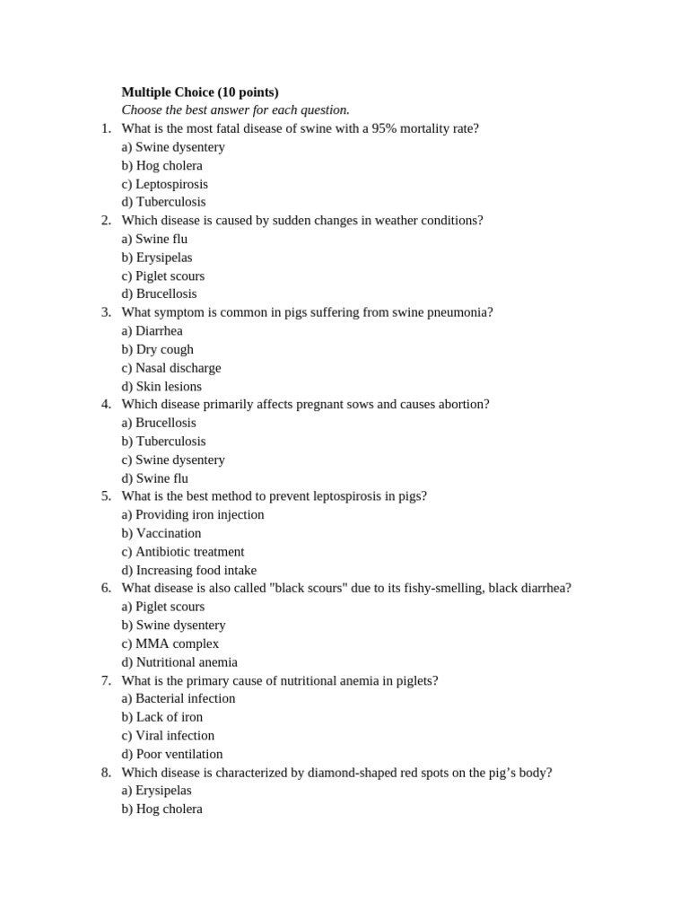 Assesment Grade 12 Common Disease of Swine | PDF | Pig | Diarrhea