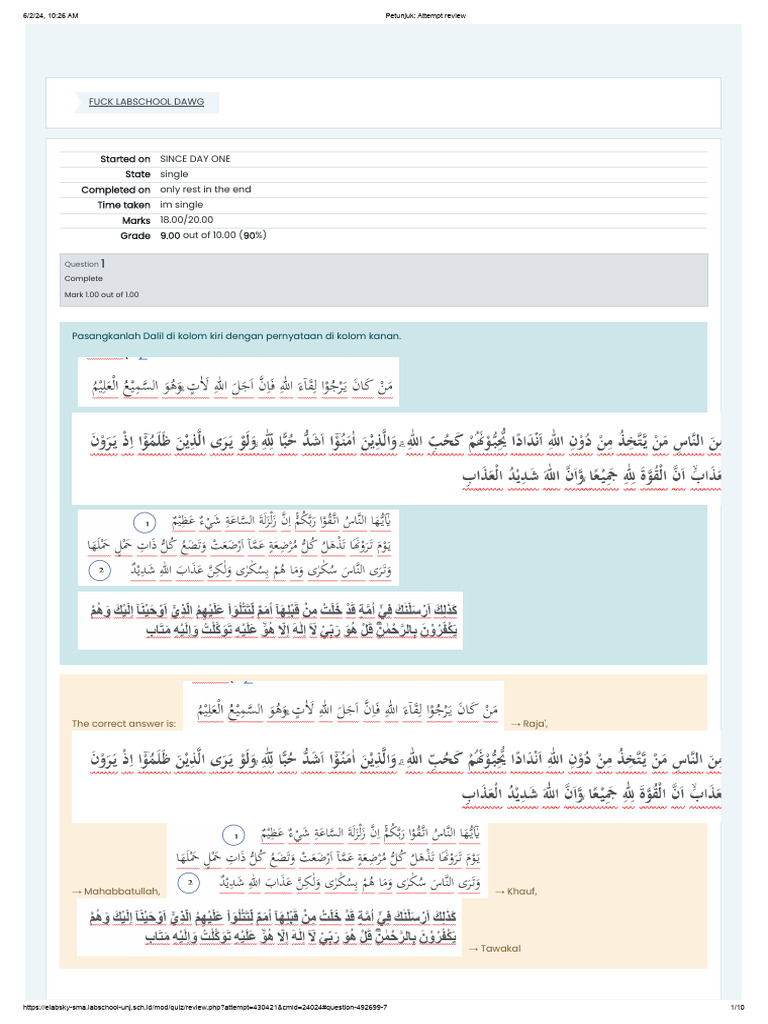 Latihan Soal Mahabbahutllah, Khauf, Raja', Dan Tawakal | PDF