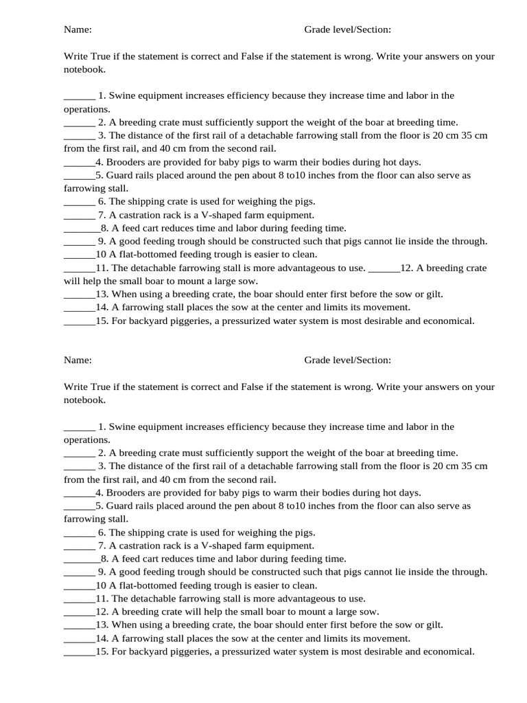 Swine Equipment True/False Quiz | PDF | Pig | Livestock