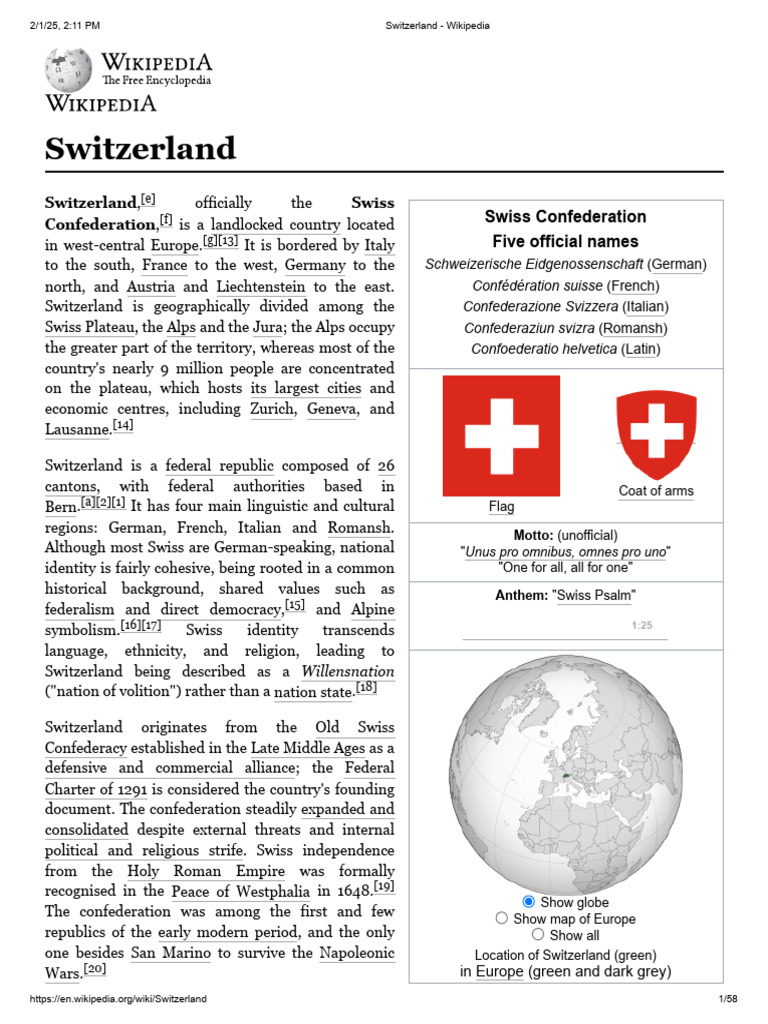 Switzerland - Wikipedia | PDF | Switzerland