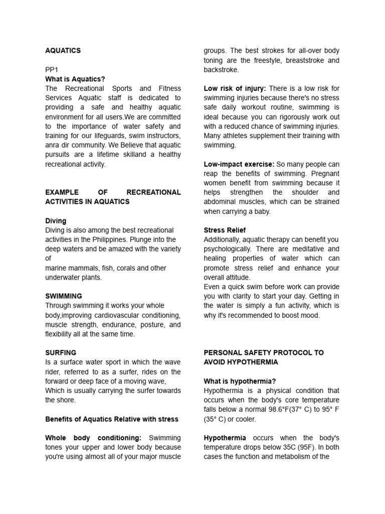 Aquatics PPT 1 and PPT 2 | PDF | Swimming | Hypothermia