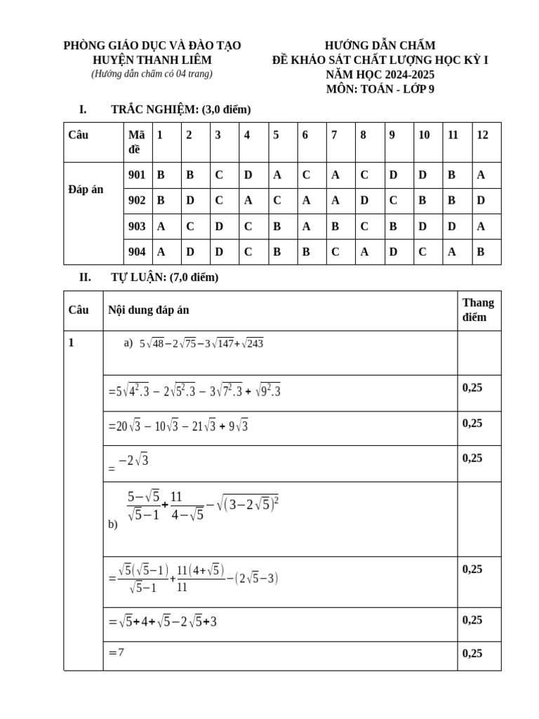 HDC Toán 9 HKI - 2024-2025 | PDF