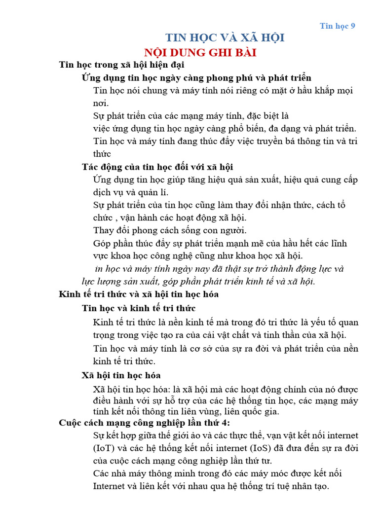 NOI DUNG GHI BAI - TUAN 12 - BAI 6 - TIN HOC VA XA HOI-da Chuyen Doi | PDF