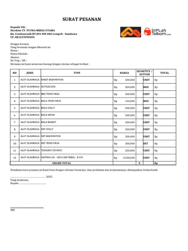 Surat Pesanan Alat Olahraga 2025 (Pmu) | PDF