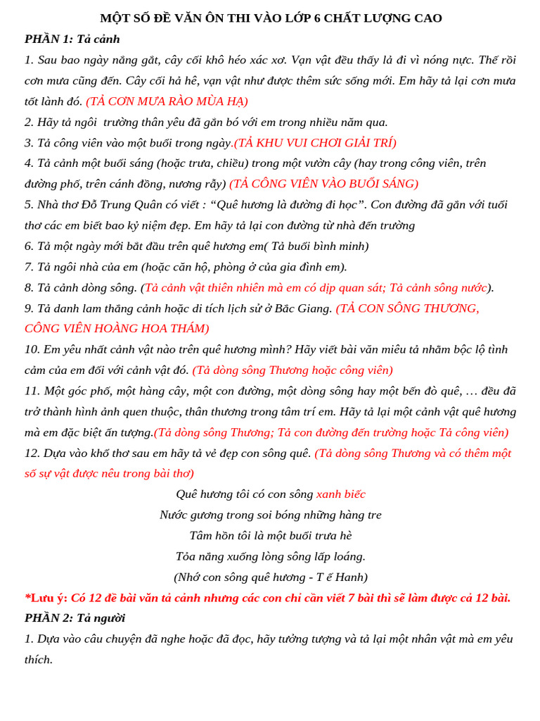 ĐỀ VĂN ÔN THI VÀO LỚP 6 CLC | PDF