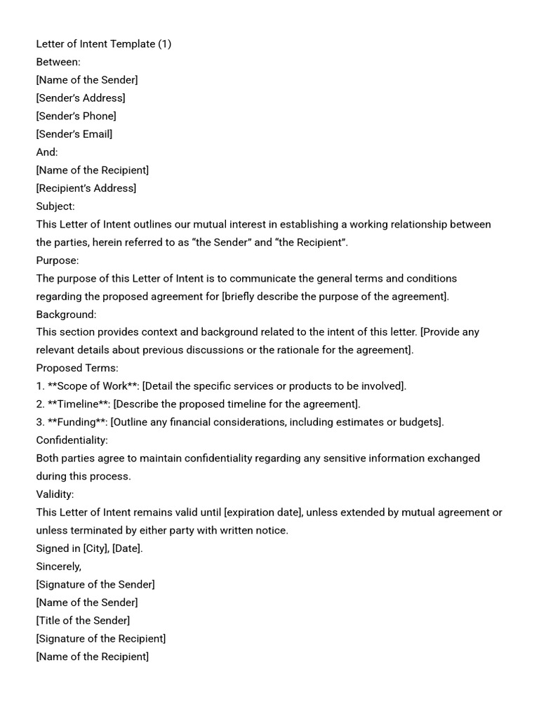 Letter of Intent Template Guide | PDF