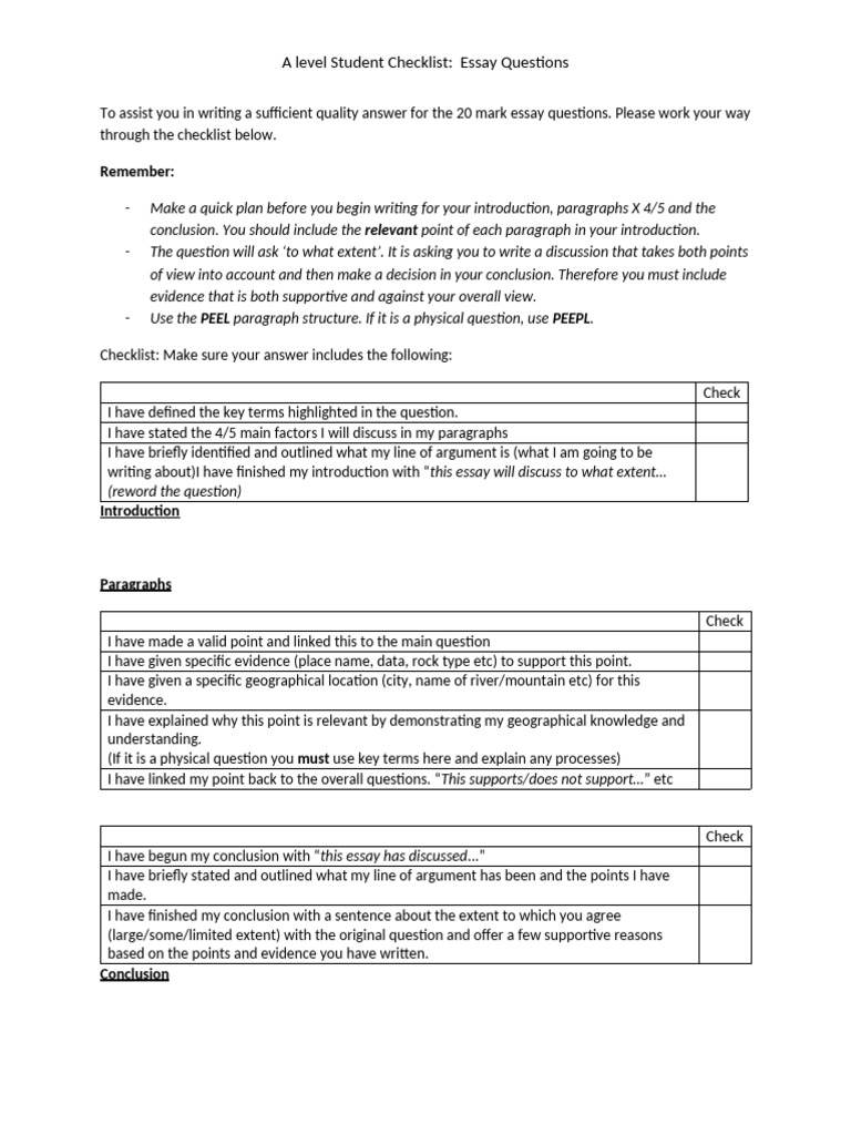 Student Checklist A Level Essay Questions | PDF